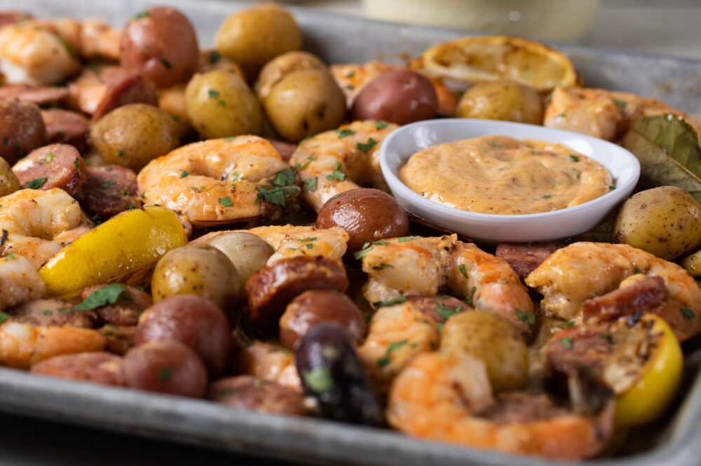 Sheet Pan “Shrimp Boil” Dinner with Creole Spiced Mayo Recipe - Blue ...