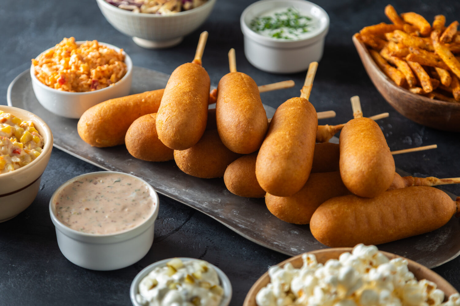 Party Spread: Louisiana-style Corn Dogs with Dips, Toppings & Sides ...